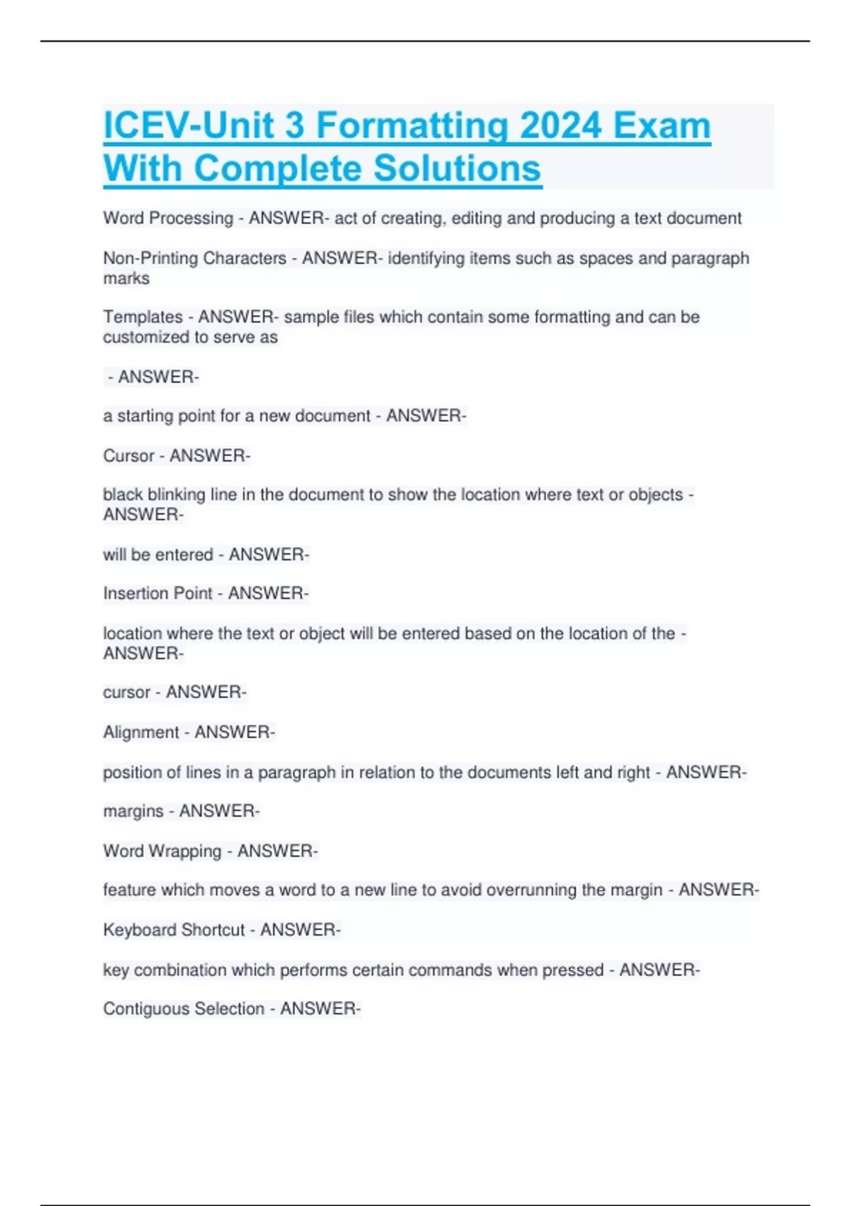 ICEV-Unit 3 Formatting 2024 Exam With Complete Solutions - ICEV - Stuvia US