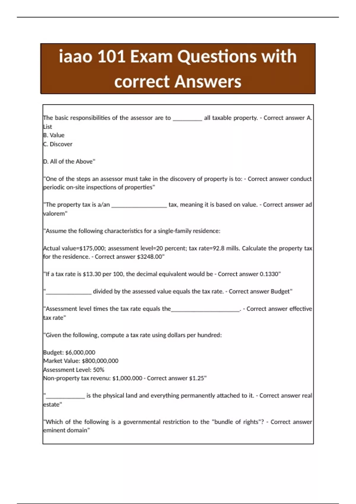 IAAO 101 Exam Questions with Correct and Verified Answers - Stuvia US