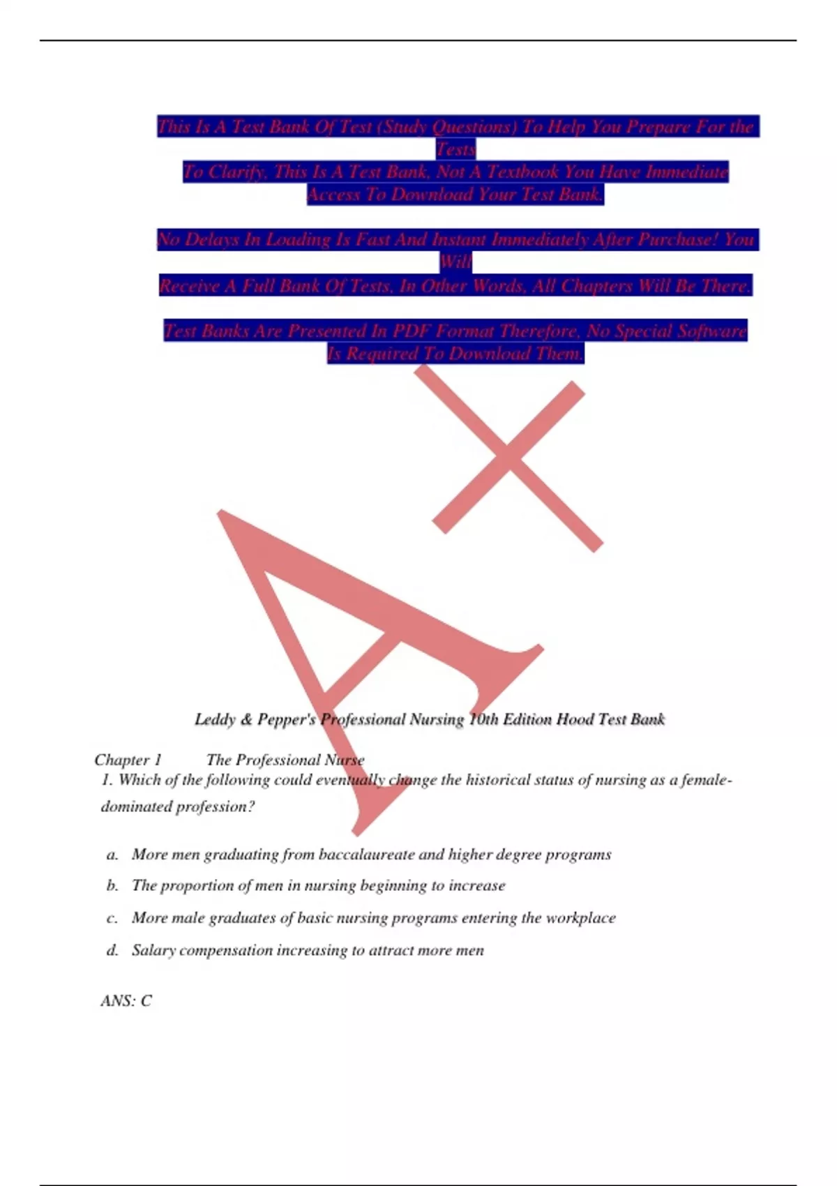 Leddy and Pepper’s Professional Nursing, 9th Edition TEST BANK by Lucy ...