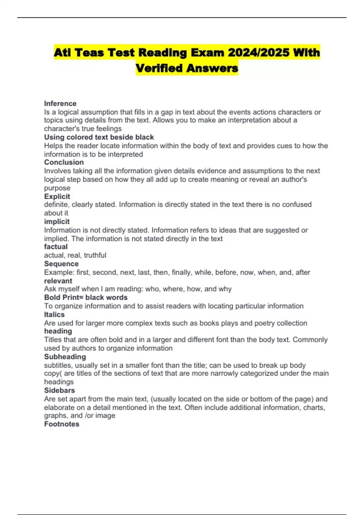 Ati Teas Test Reading Exam 2024/2025 With Verified Answers - ATI Teas ...