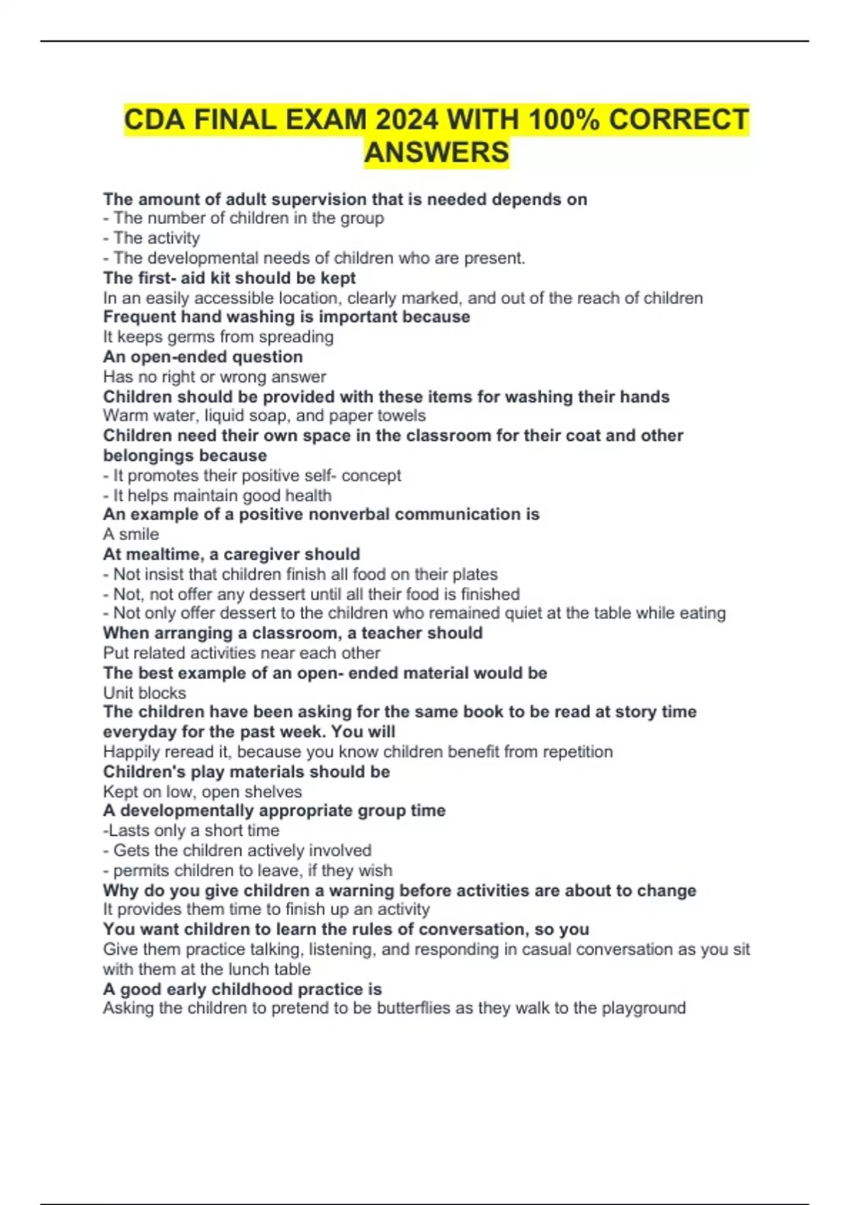 CDA FINAL EXAM 2024 WITH 100% CORRECT ANSWERS - CDA - Child Development ...