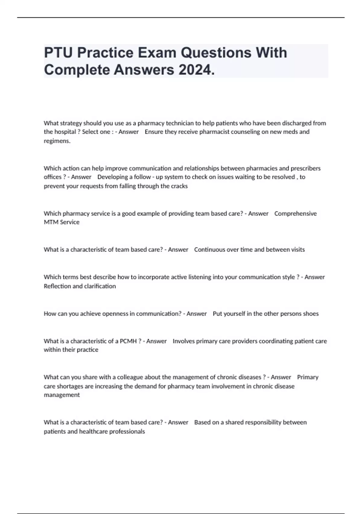 PTU Practice Exam Questions With Complete Answers 2024. - PTU - Stuvia US