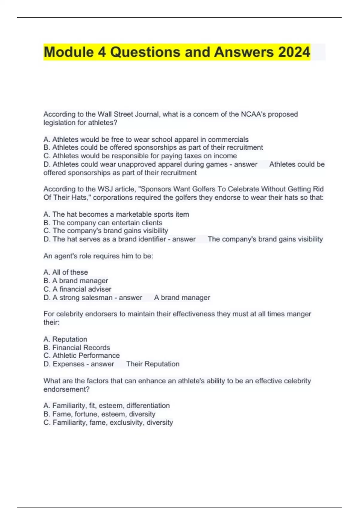 Module 4 Questions and Answers 2024 - NFL Agent - Stuvia US