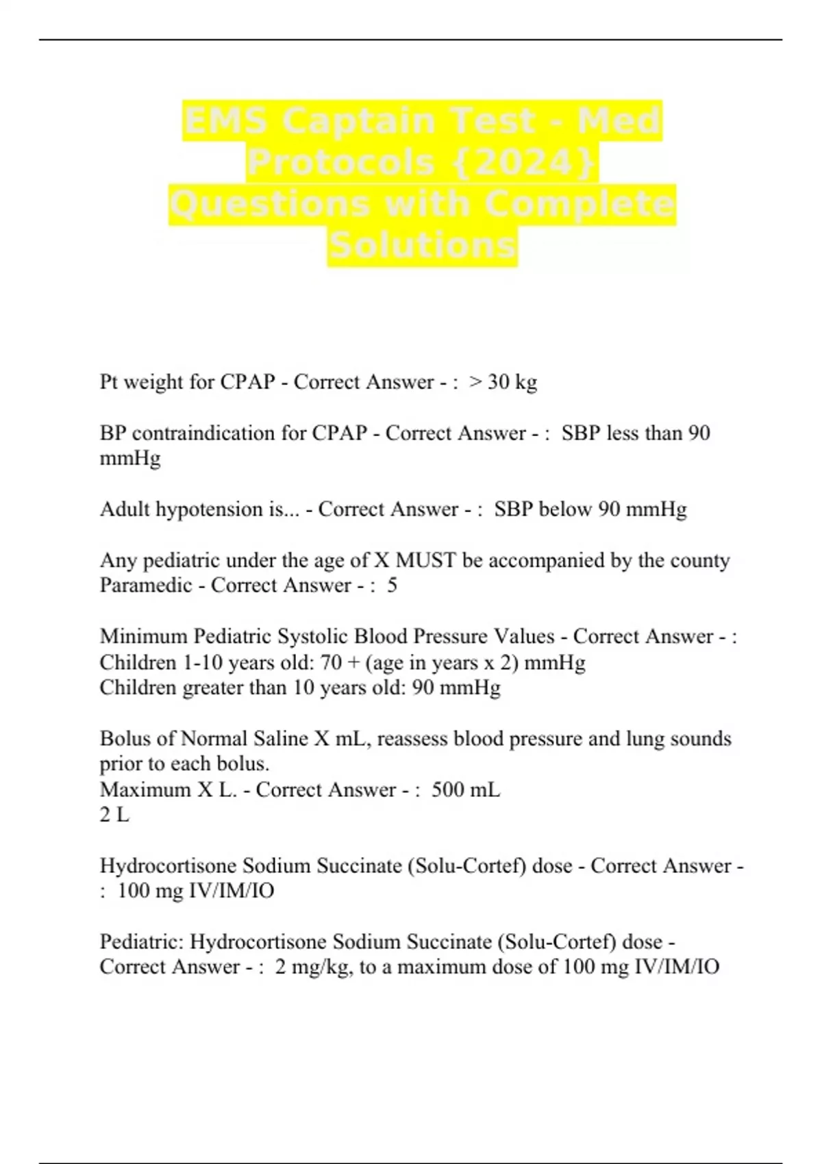 EMS Captain Test - Med Protocols 2024 Questions with Complete Solutions ...