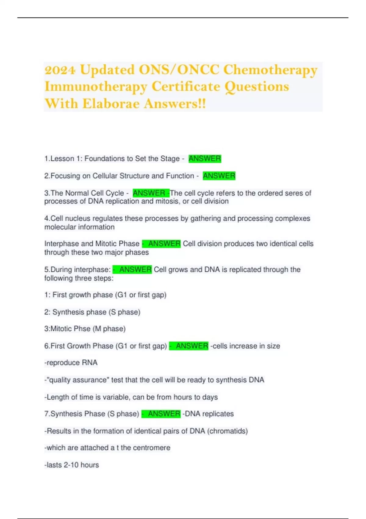 2024 Updated ONS/ONCC Chemotherapy Immunotherapy Certificate Questions With Elaborae Answers ...