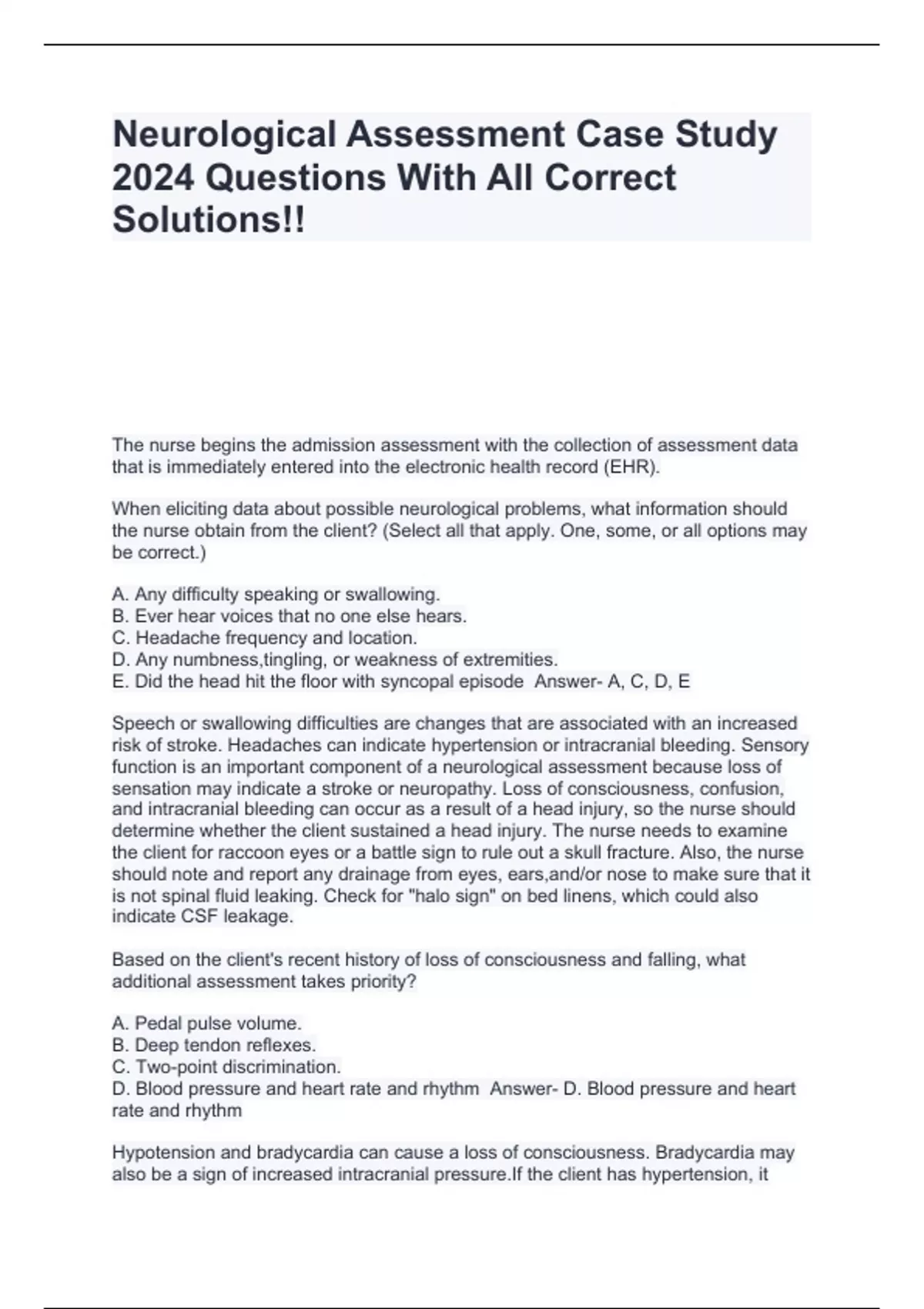 Neurological Assessment Case Study 2024 Questions With All Correct ...