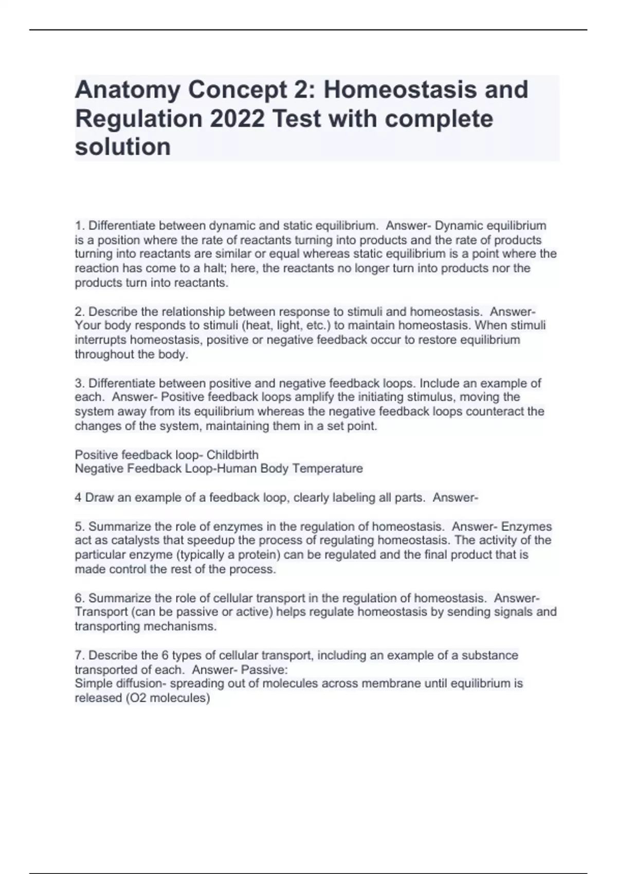 Anatomy Concept 2: Homeostasis and Regulation 2024 Test with complete ...