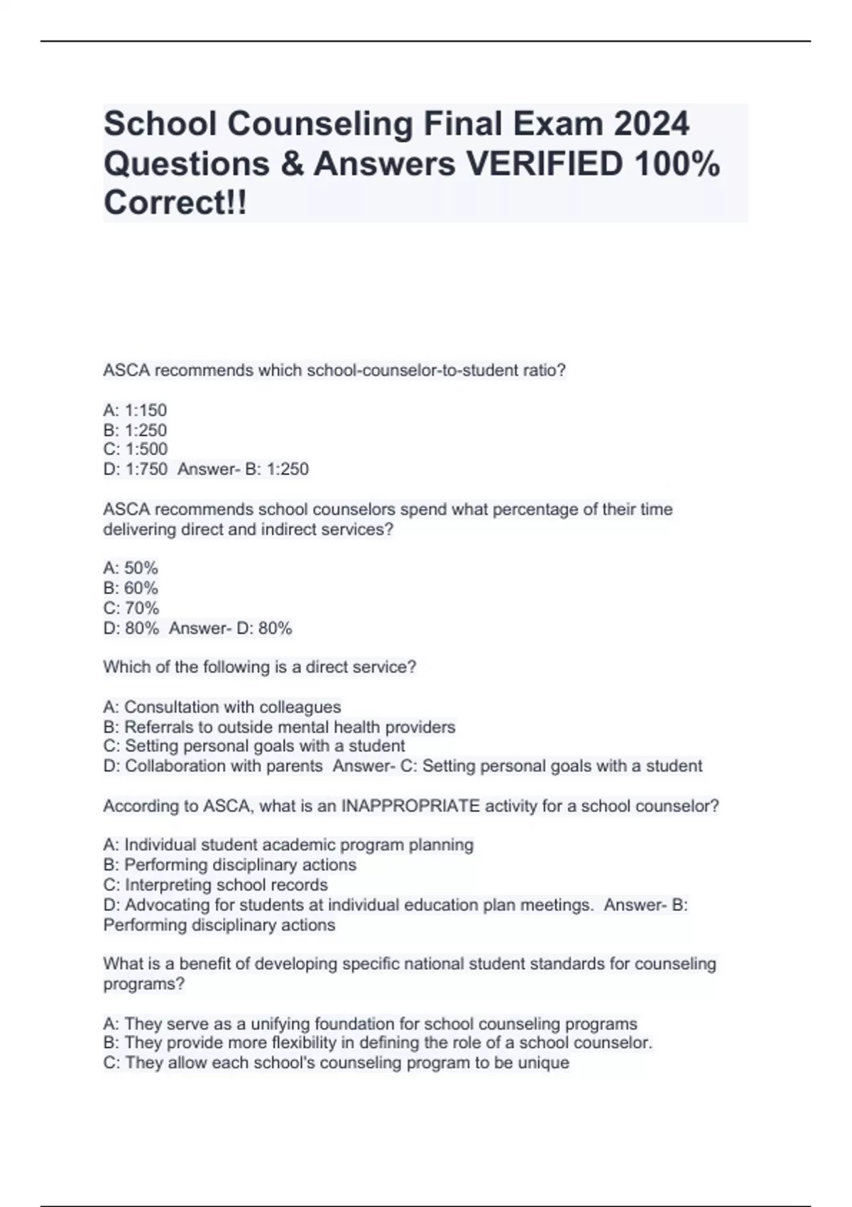 School Counseling Final Exam 2024 Questions & Answers VERIFIED 100% ...