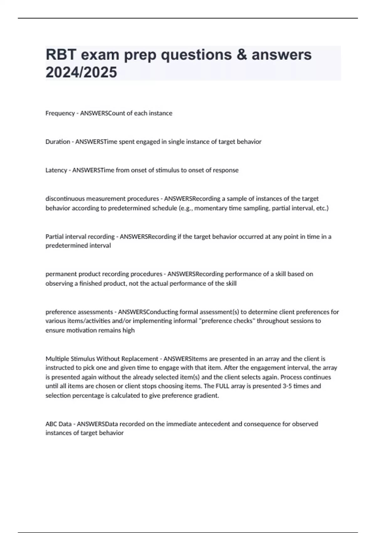Rbt Exam Prep Questions And Answers 2024 2025 Rbt Stuvia Us
