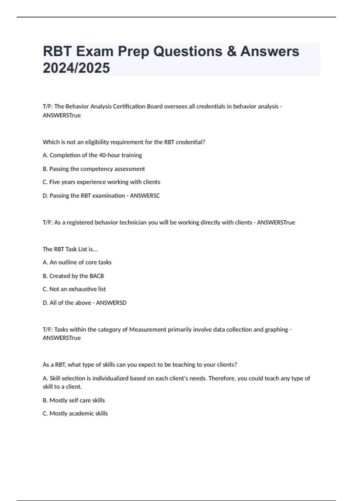 RBT Exam Prep Questions & Answers 2024/2025 - RBT - Stuvia US