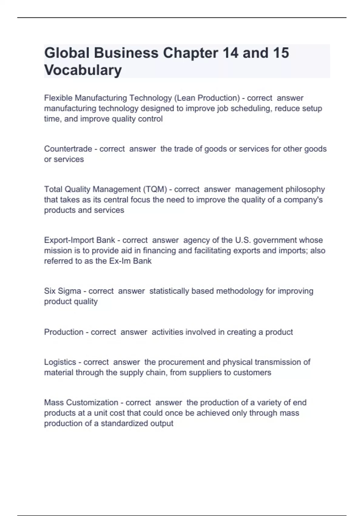 Global Business Chapter 14 and 15 Vocabulary Question and answers 100% correct 2024 - GFEBS ...