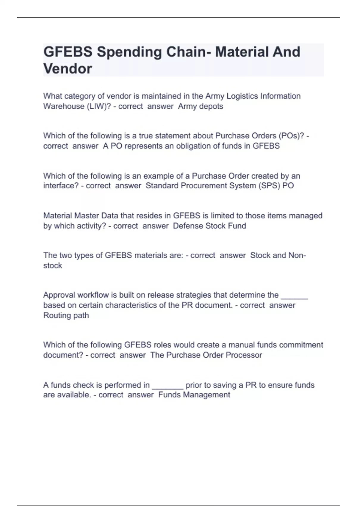 GFEBS Spending Chain Questions with complete solution 2024 - GFEBS ...