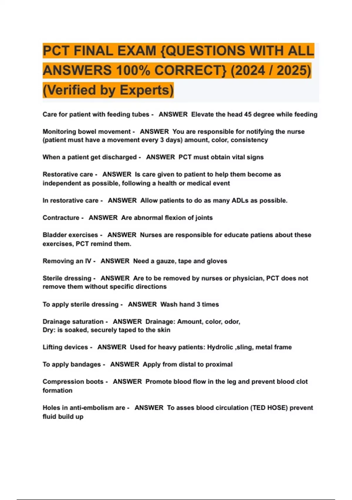 PCT FINAL EXAM {QUESTIONS WITH ALL ANSWERS 100% CORRECT} (2024 / 2025) (Verified by Experts ...