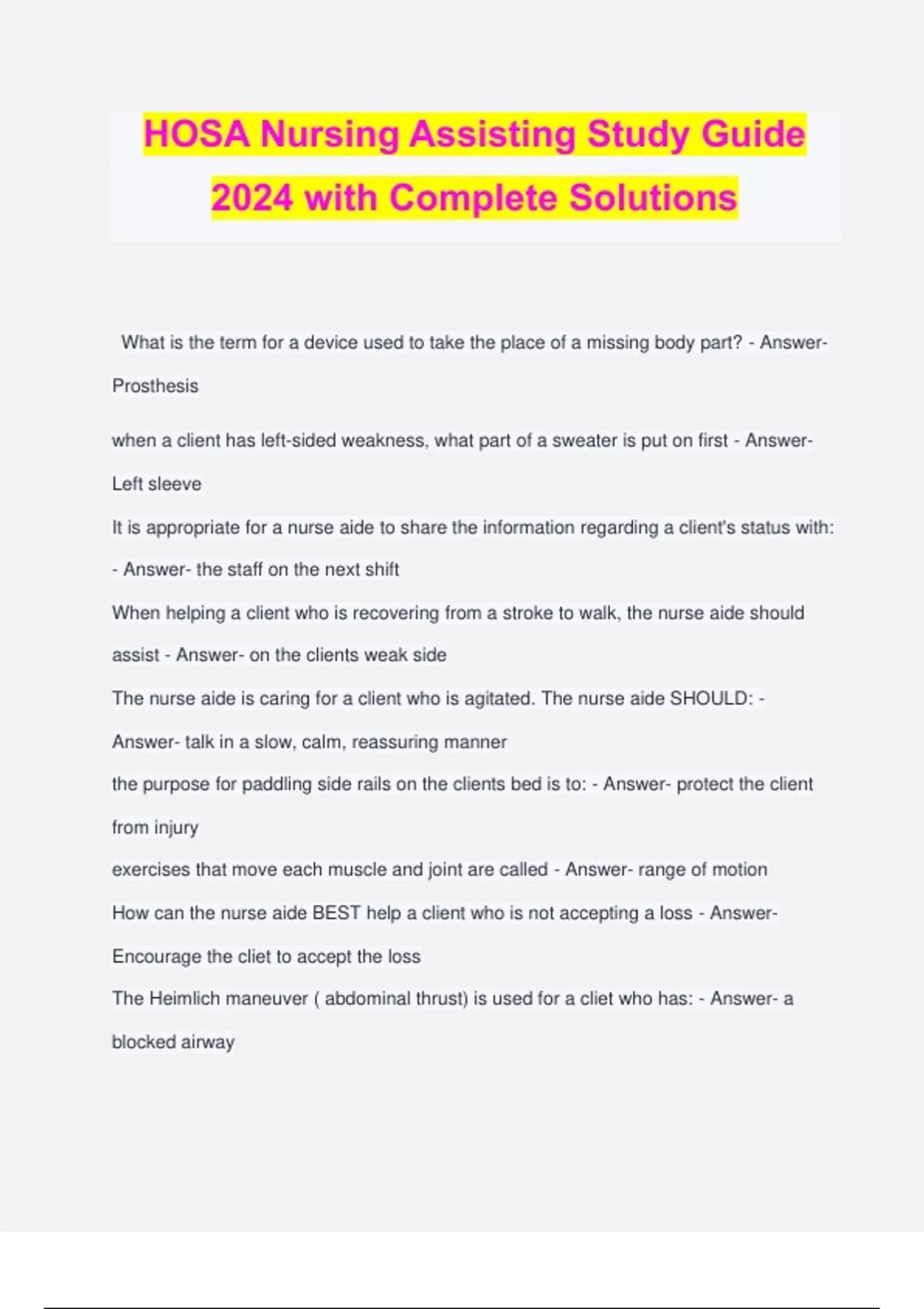 HOSA Nursing Assisting Study Guide 2024 with Complete Solutions - HOSA - Stuvia US