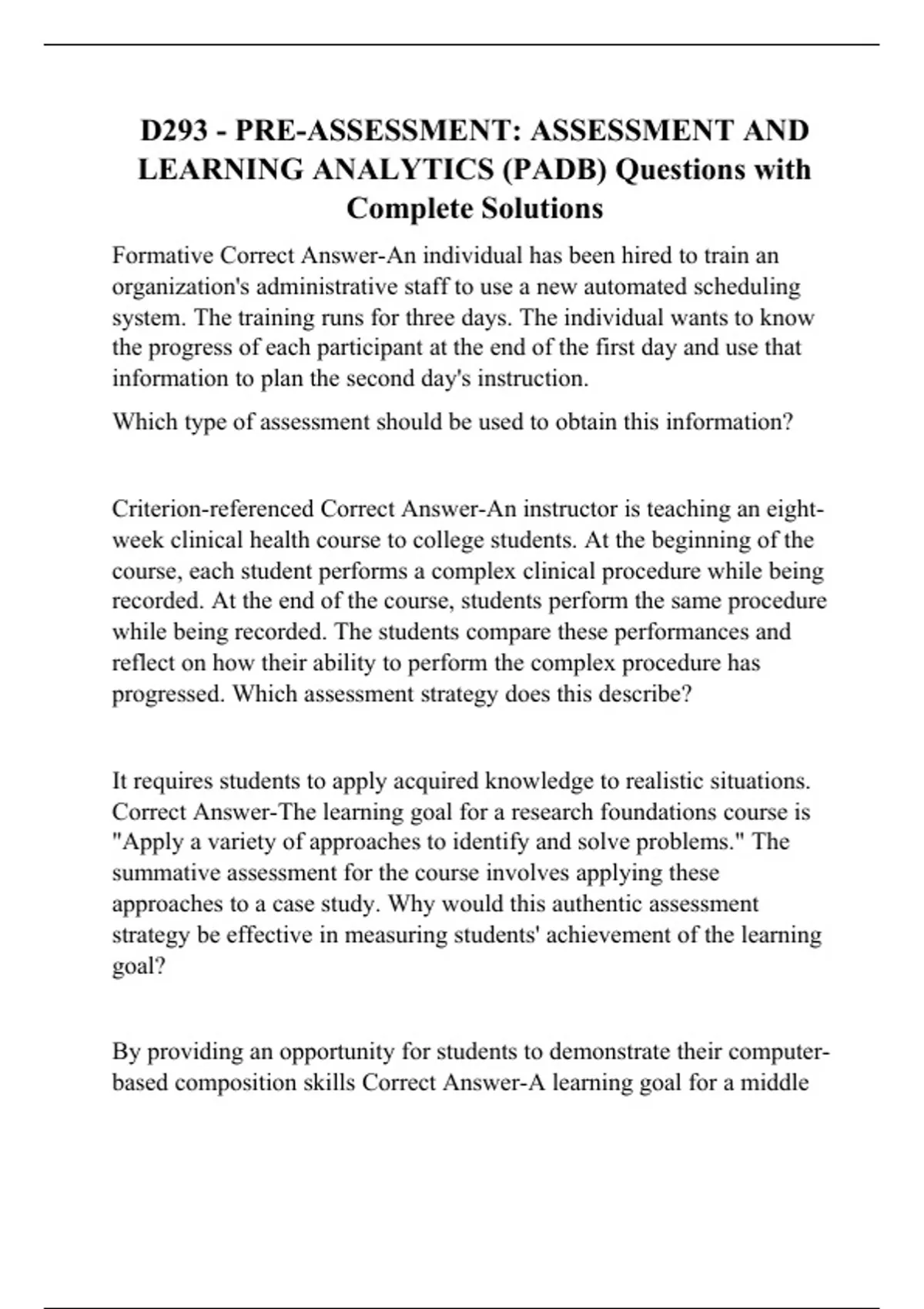 D293 - PRE-ASSESSMENT: ASSESSMENT AND LEARNING ANALYTICS (PADB ...