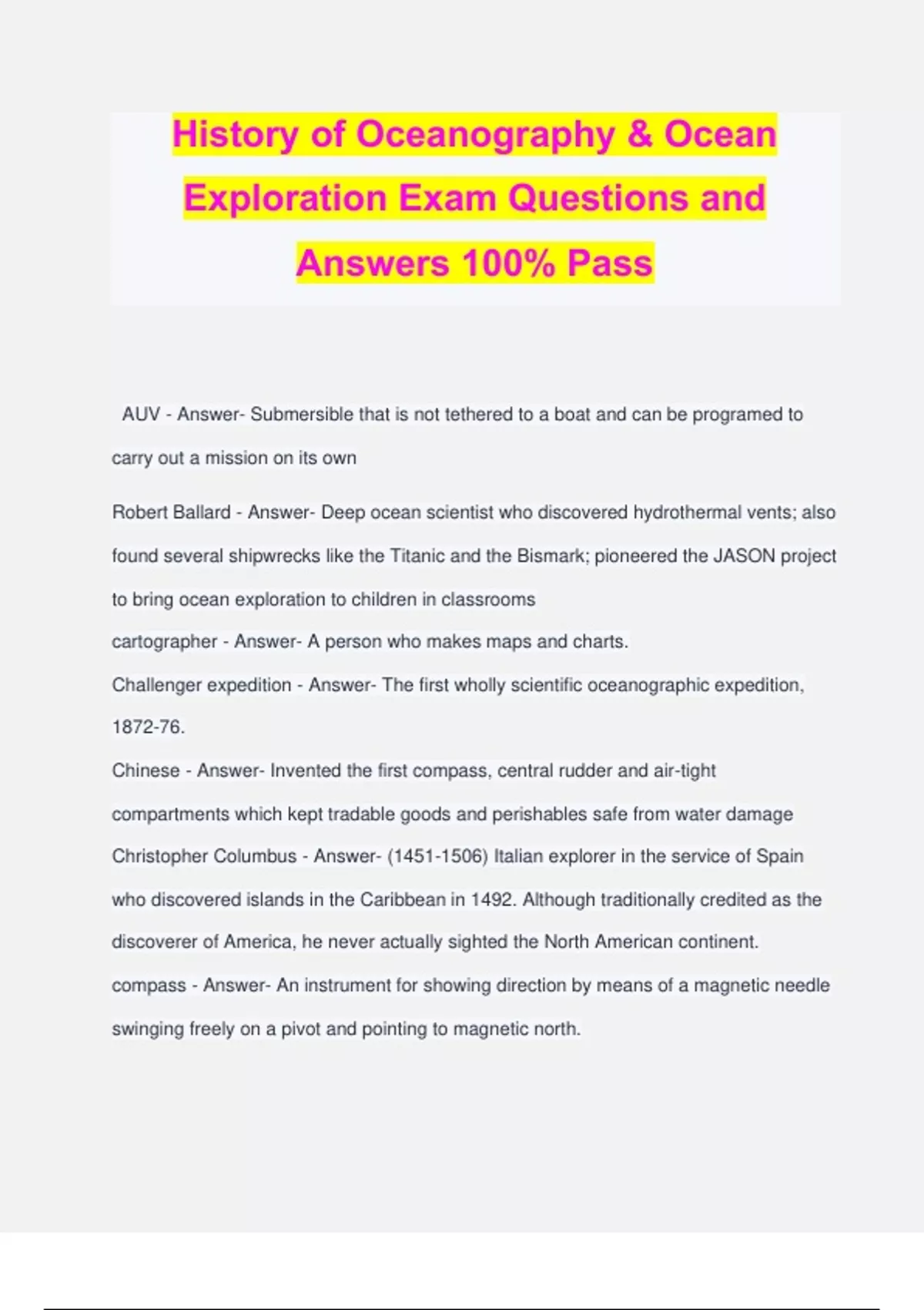 History of Oceanography & Ocean Exploration Exam Questions and Answers ...