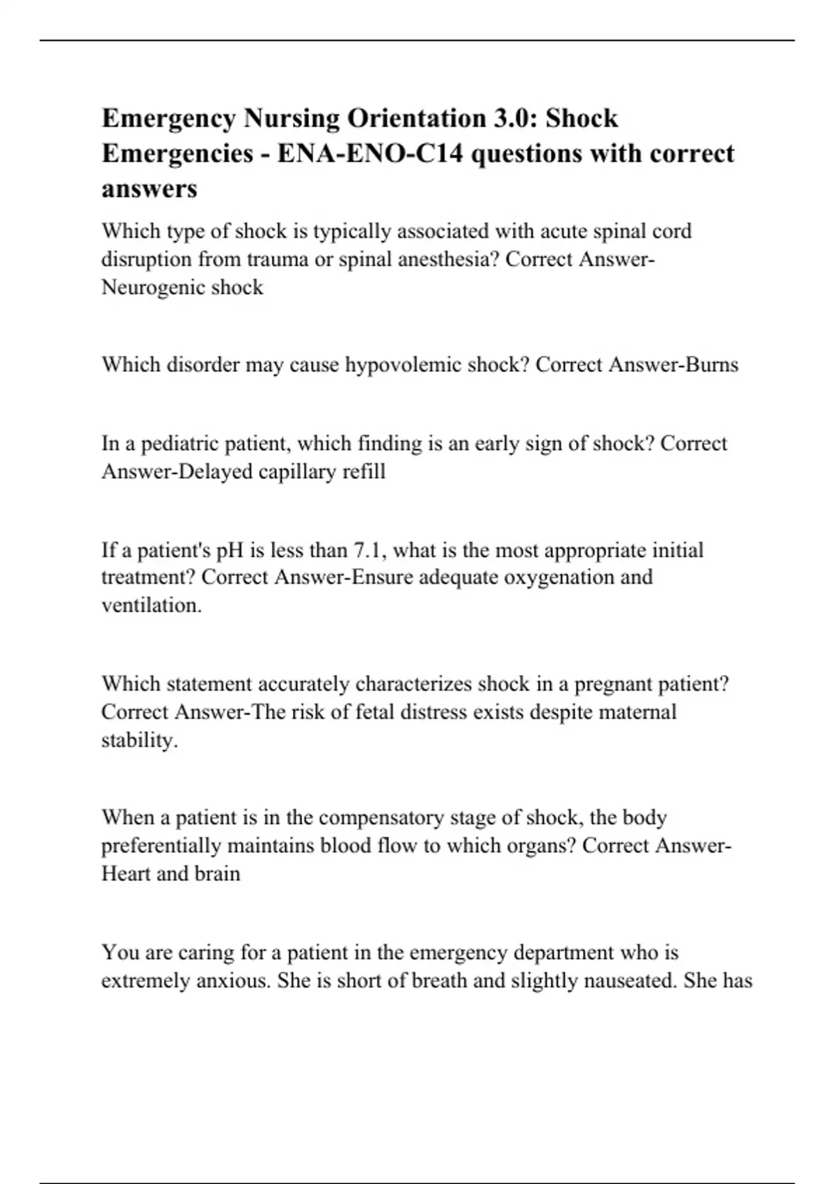 Emergency Nursing Orientation 3.0: Shock Emergencies - ENA-ENO-C14 questions with correct ...