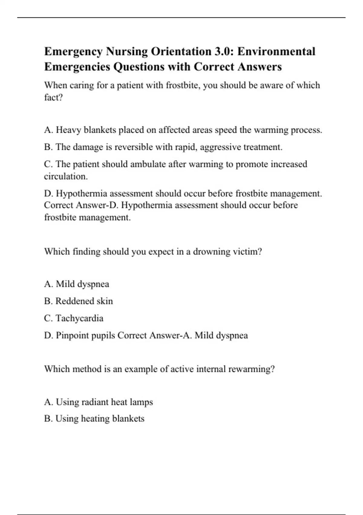 Emergency Nursing Orientation 3.0: Environmental Emergencies Questions ...