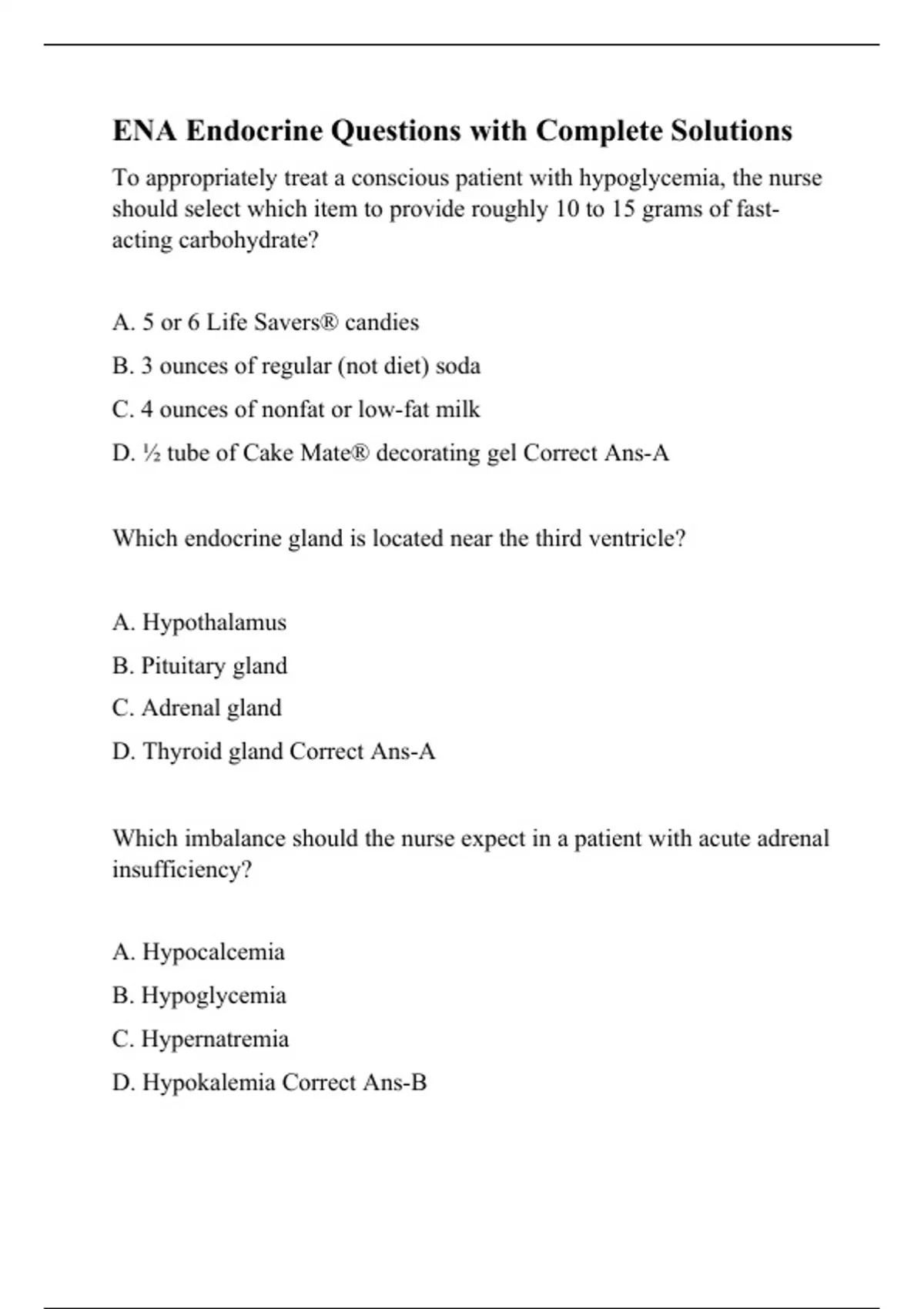 ENA Endocrine Questions with Complete Solutions - Emergency nursing ...