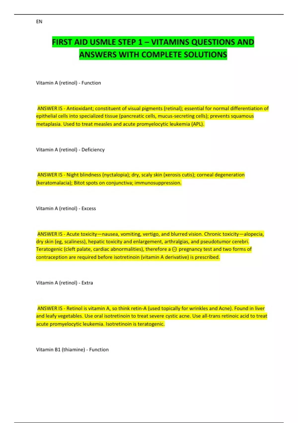 2024 FIRST AID USMLE STEP 1 – VITAMINS QUESTIONS AND ANSWERS WITH ...