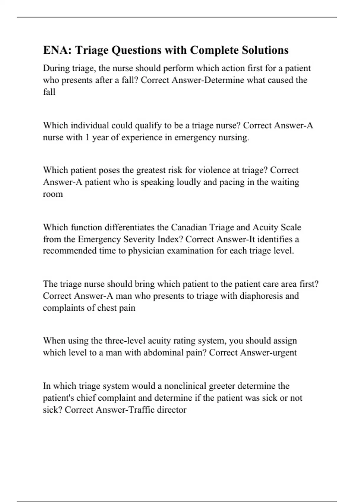 ENA: Triage Questions with Complete Solutions - Emergency nursing - Stuvia US