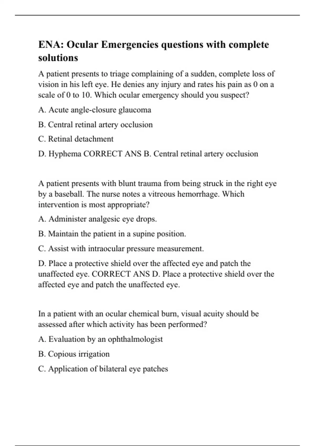 ENA: Ocular Emergencies questions with complete solutions - Emergency nursing - Stuvia US