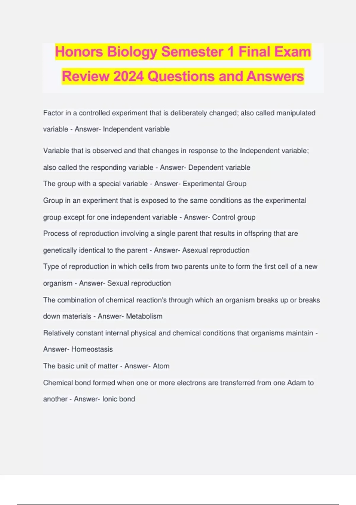 Honors Biology Semester 1 Final Exam Review 2024 Questions and Answers ...