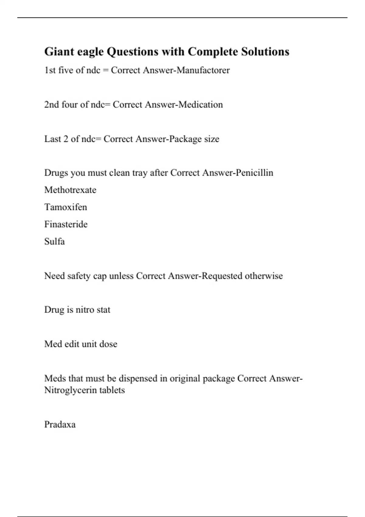 Giant eagle Questions with Complete Solutions. - Giant Eagle Pharmacy - Stuvia US
