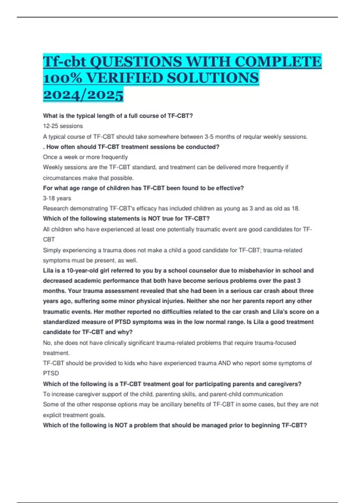Tf-cbt QUESTIONS WITH COMPLETE 100% VERIFIED SOLUTIONS 2024/2025 - TF-CBT - Stuvia US