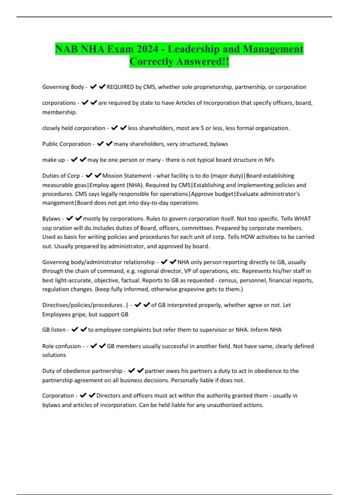 NAB NHA Exam 2024 - Leadership and Management Correctly Answered ...