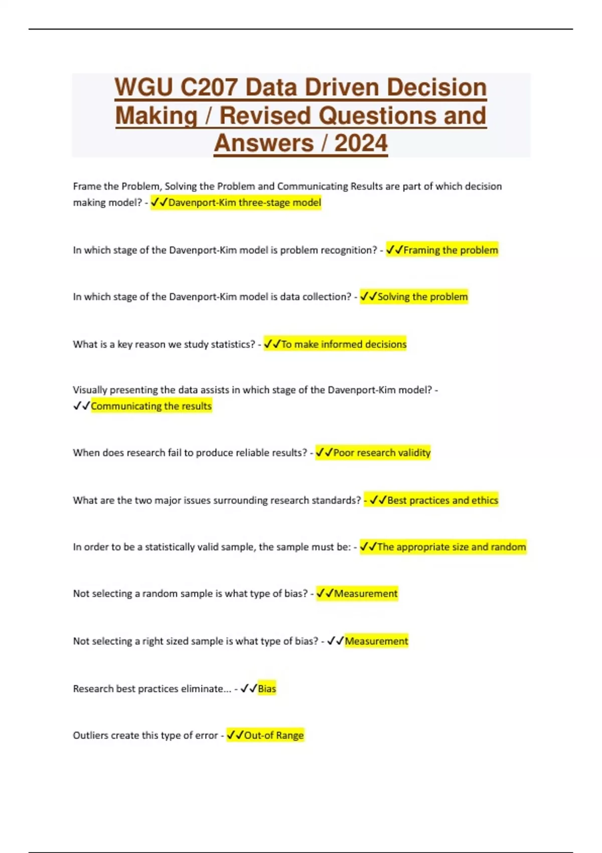 WGU C207 Data Driven Decision Making / Revised Questions and Answers ...