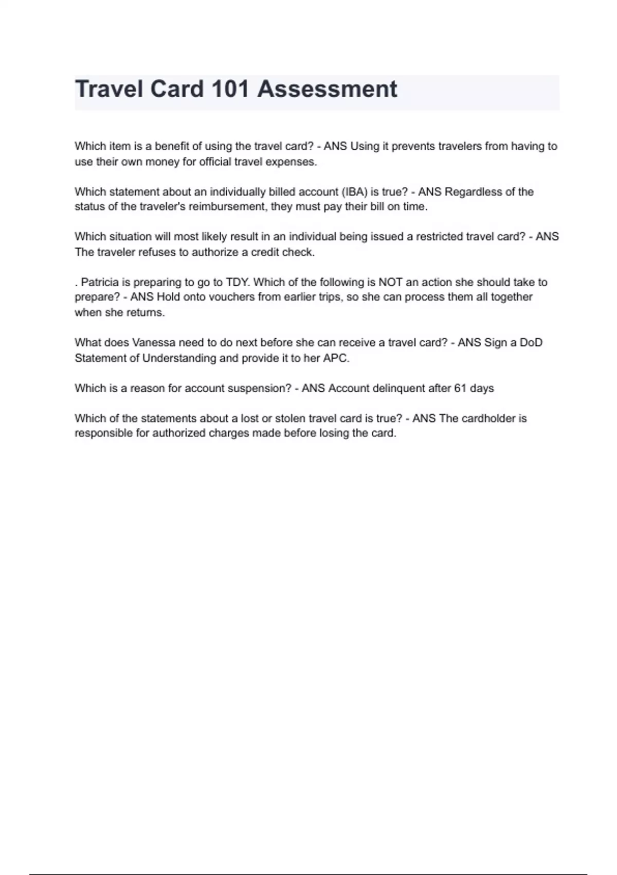 Travel Card 101 Assessment Exam 2024/2025 Questions With Completed ...