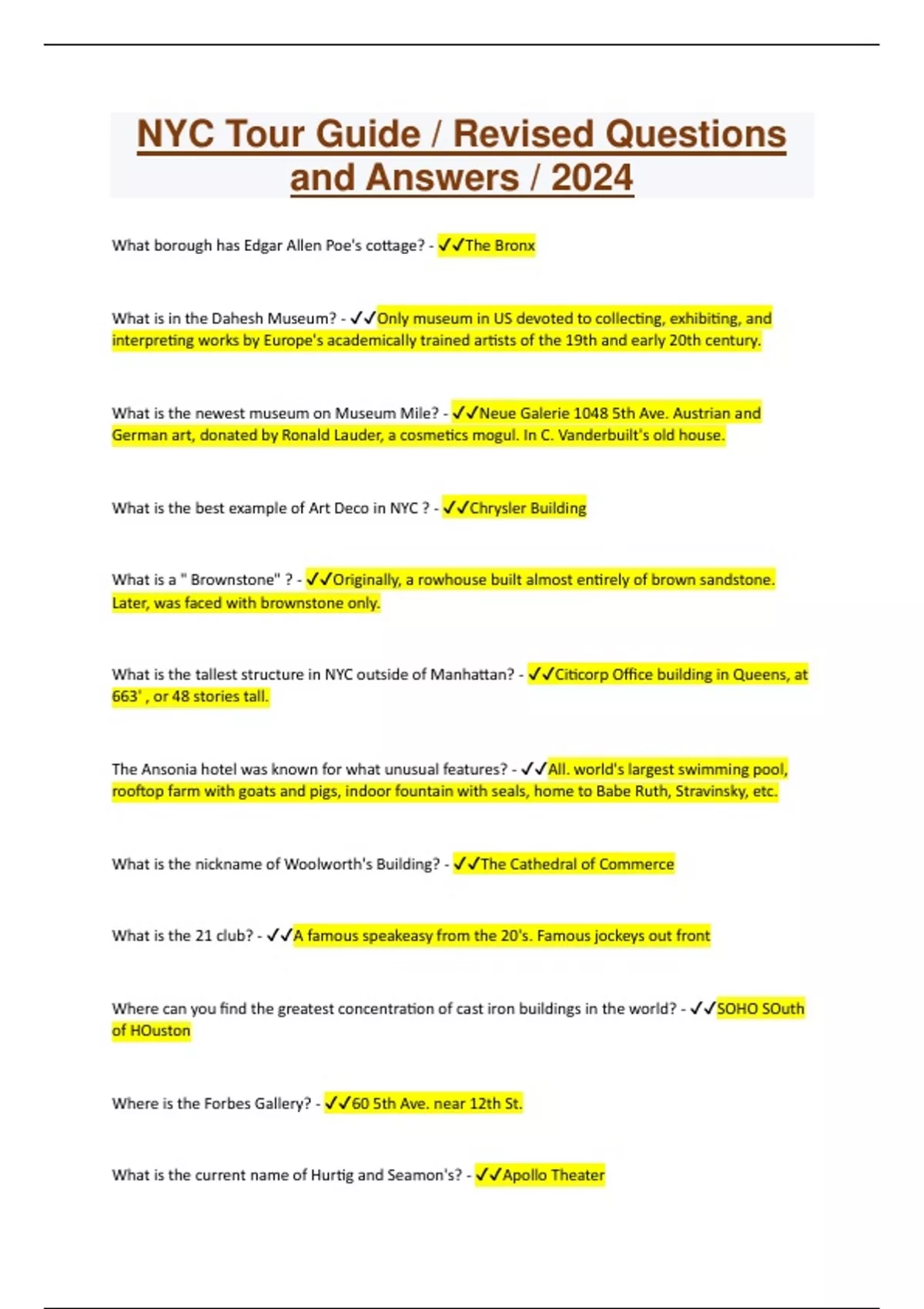 NYC Tour Guide / Revised Questions and Answers / 2024 - NYC - Stuvia US