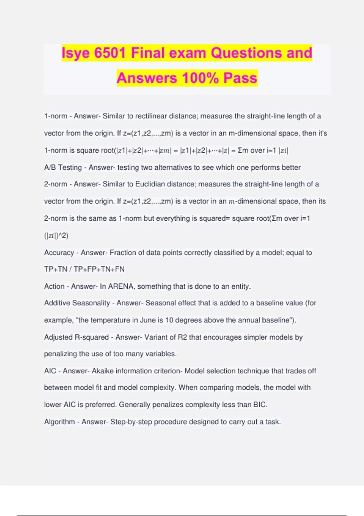 Isye 6501 Final exam Questions and Answers 100% Pass - Isye 6501 - Stuvia US