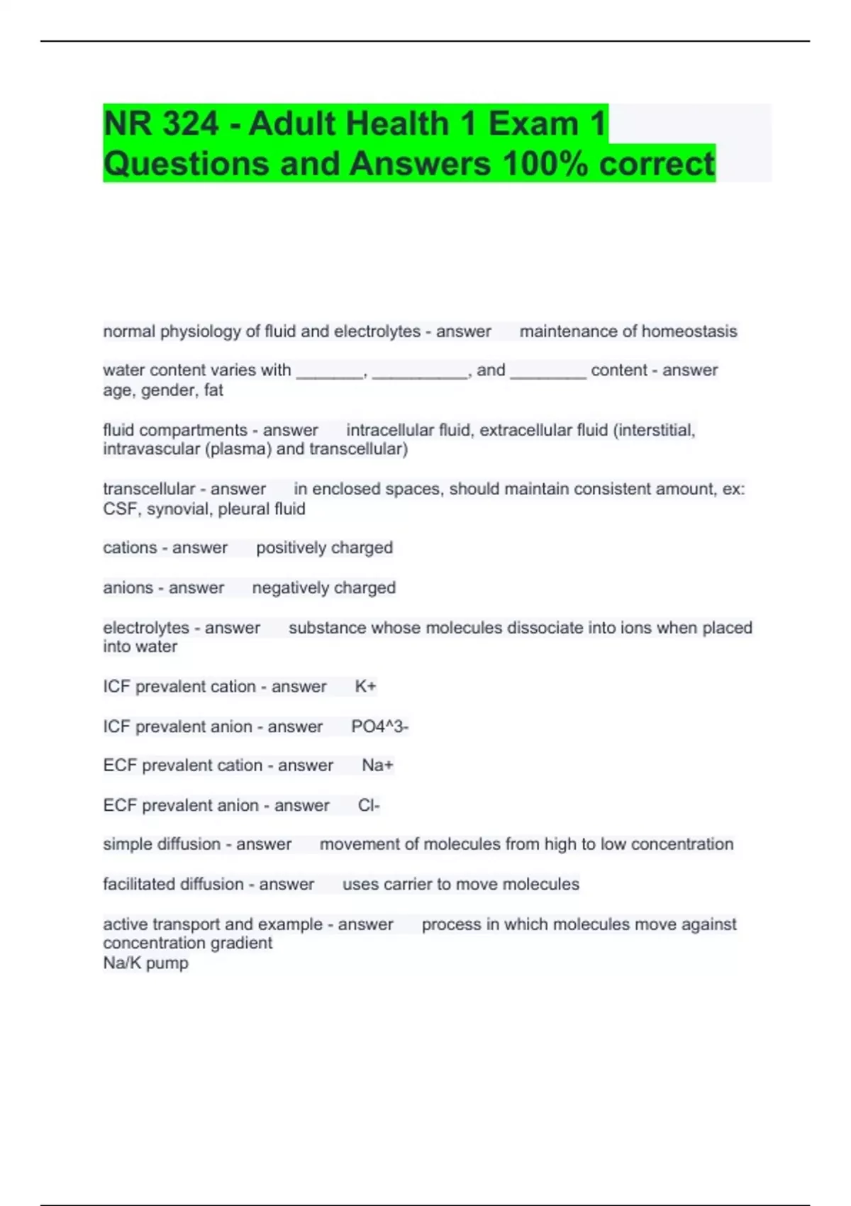 NR 324 - Adult Health 1 Exam 1 Questions and Answers 100% correct ...