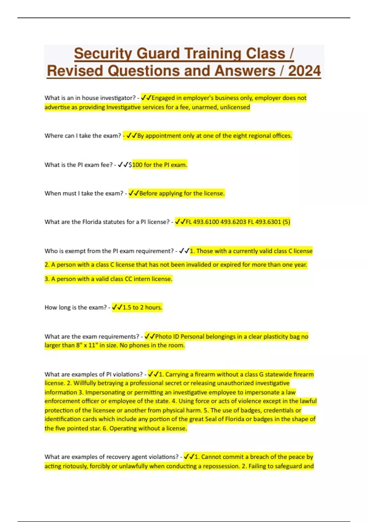 Security Guard Training Class / Revised Questions and Answers / 2024 - Stuvia US