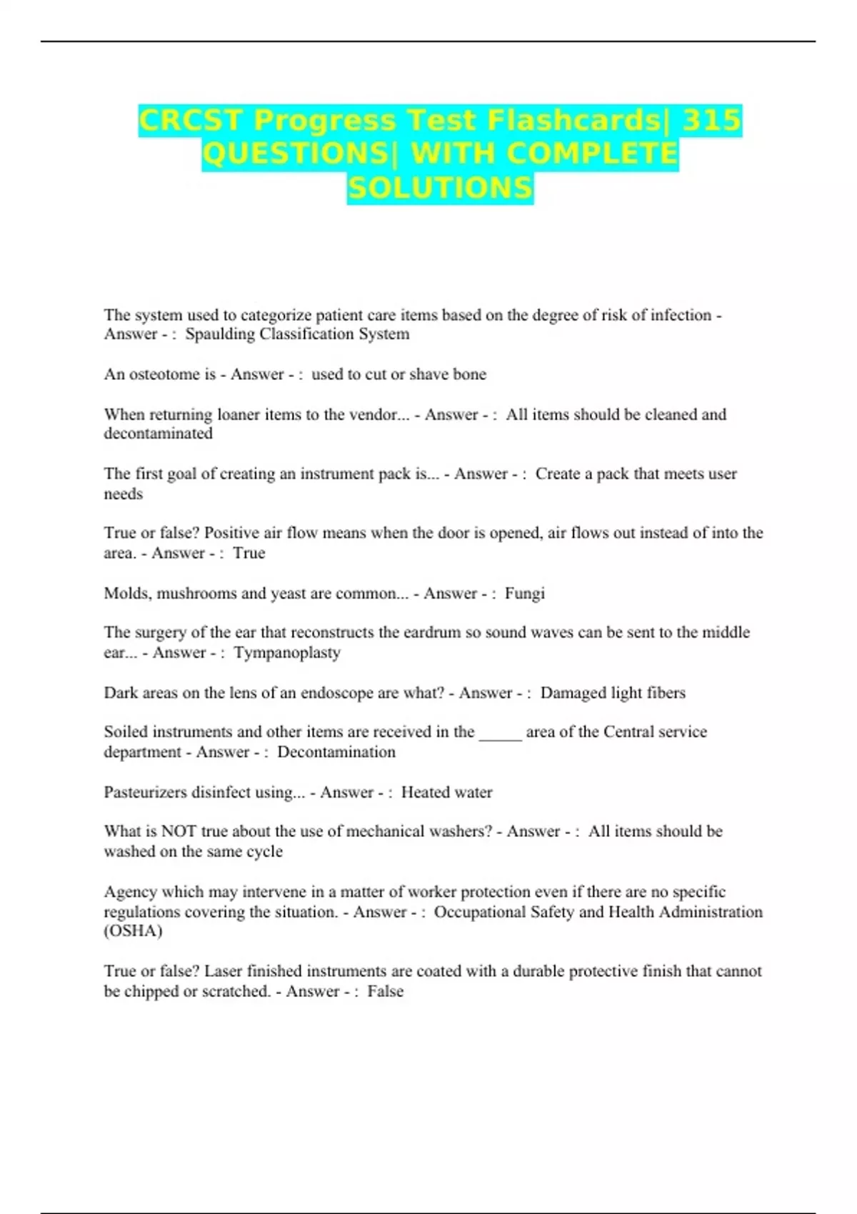 CRCST Progress Test Flashcards 315 QUESTIONS WITH COMPLETE SOLUTIONS ...