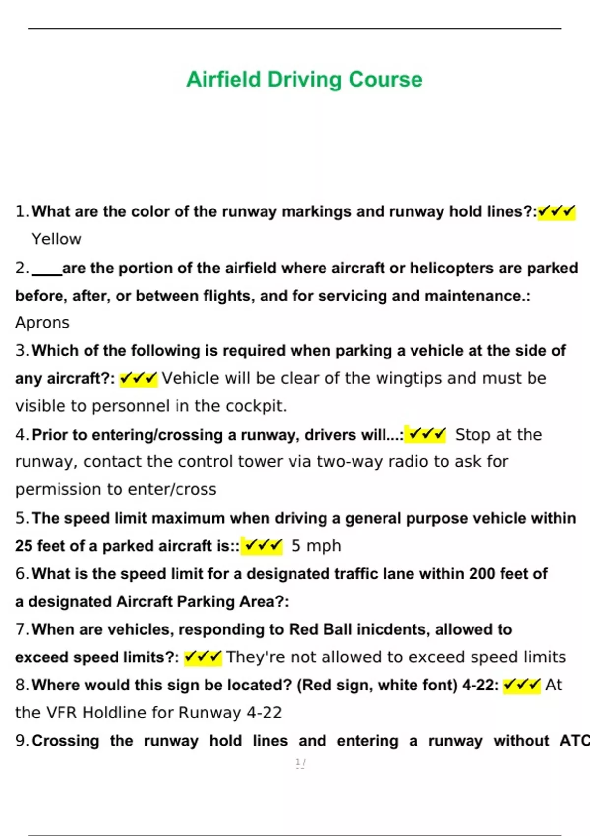 AIRFIELD DRIVING COURSE EXAM 2024 WITH COMPLETE SOLUTION - Nursing ...