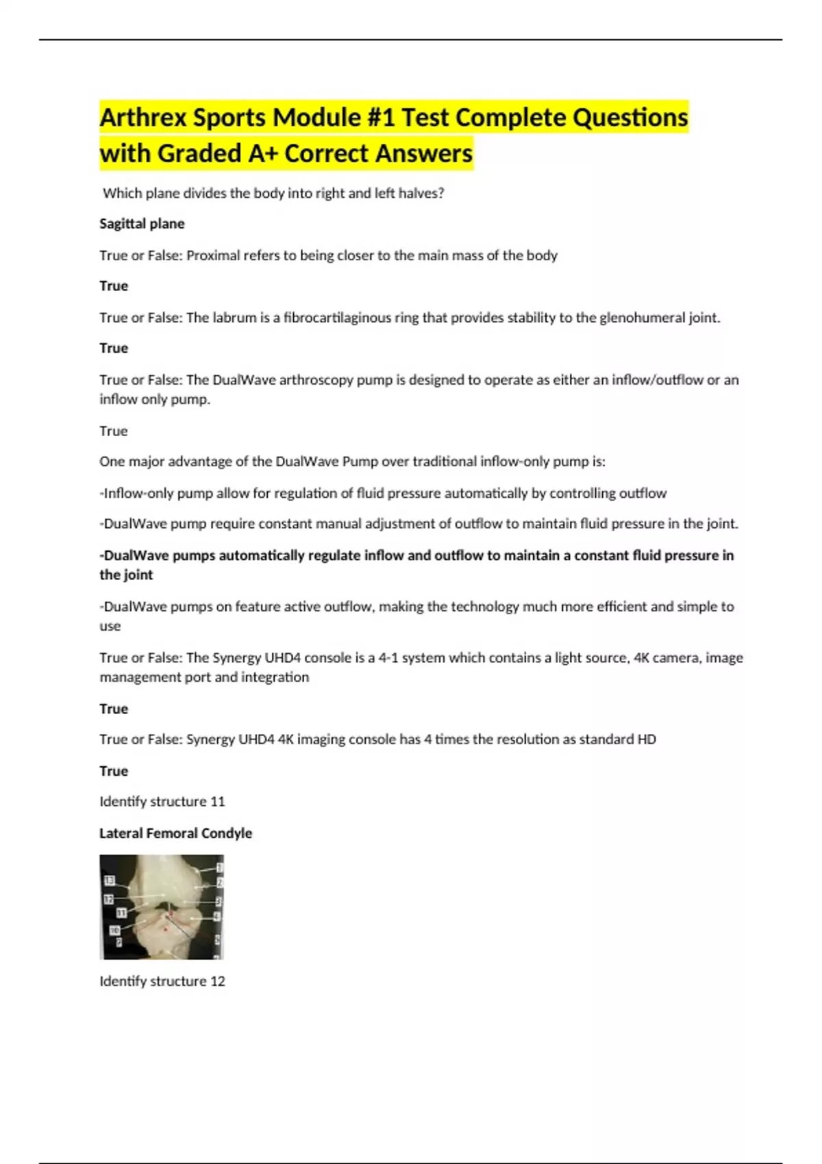 Arthrex Sports Module #1 Test Complete Questions with Graded A+ Correct ...