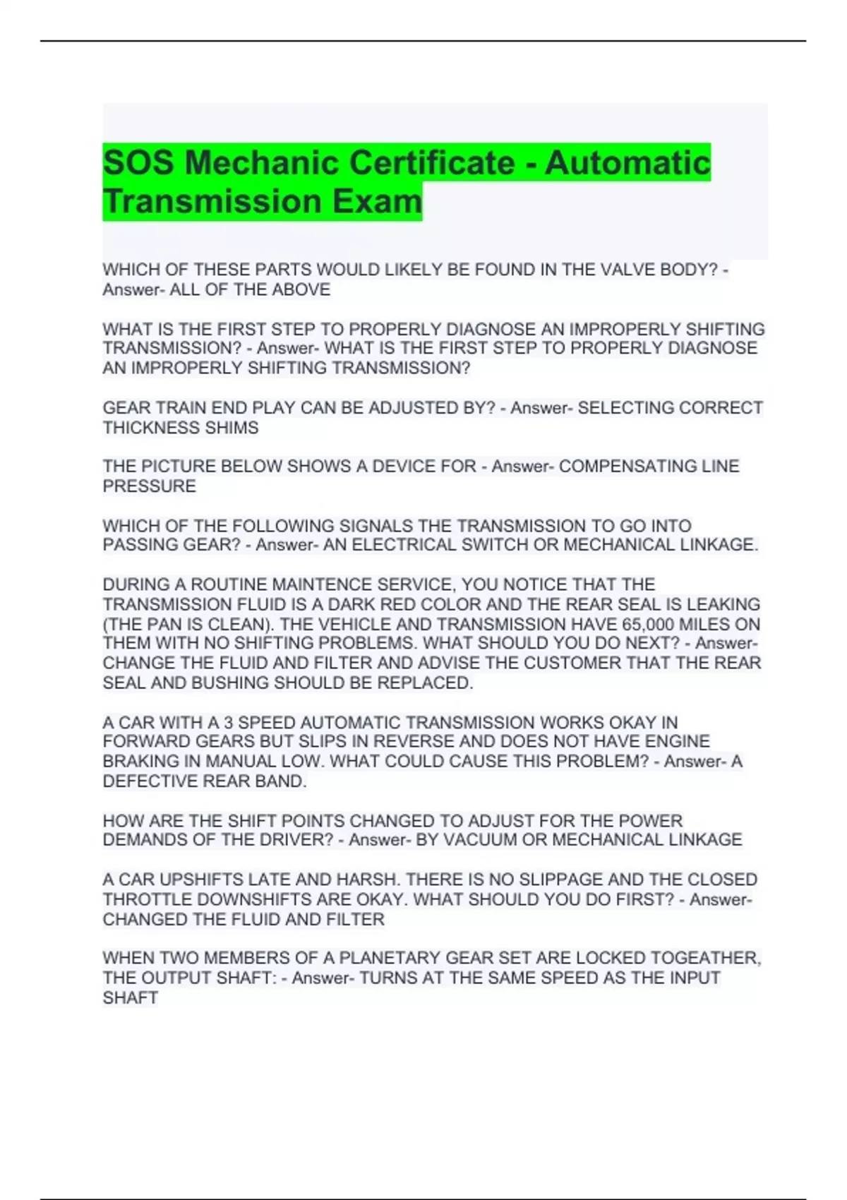 SOS Mechanic Certificate - Automatic Transmission Exam 2024 Questions ...