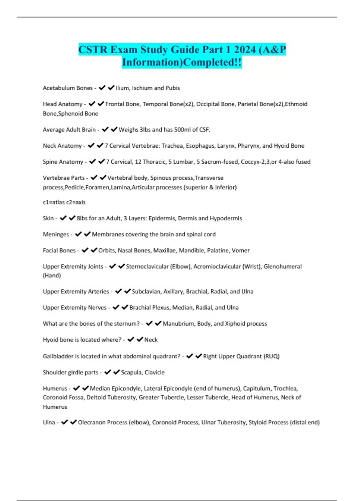 CSTR Exam Study Guide Part 1 2024 (A&P Information)Completed!! - Cstr - Stuvia US