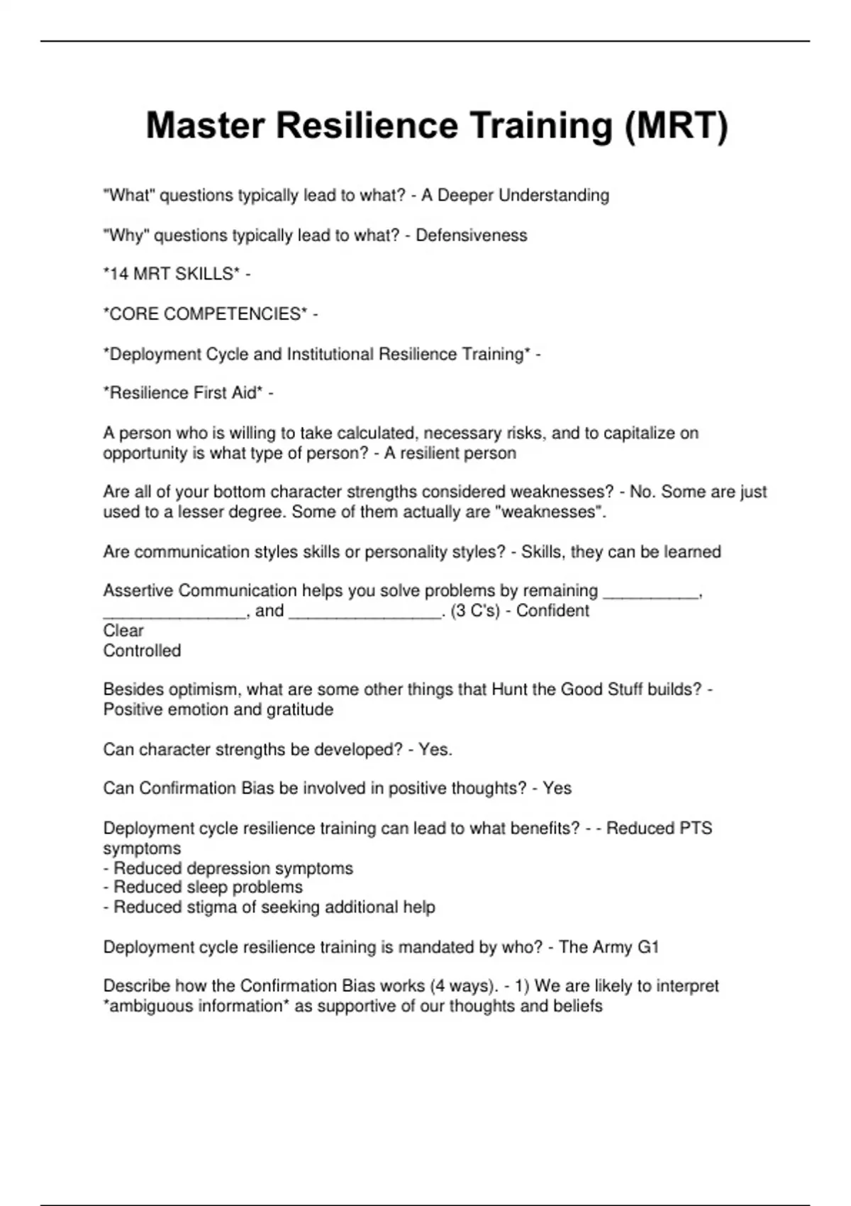 Master Resilience Training (MRT) Exam Questions & Answers 2023/2024 ...