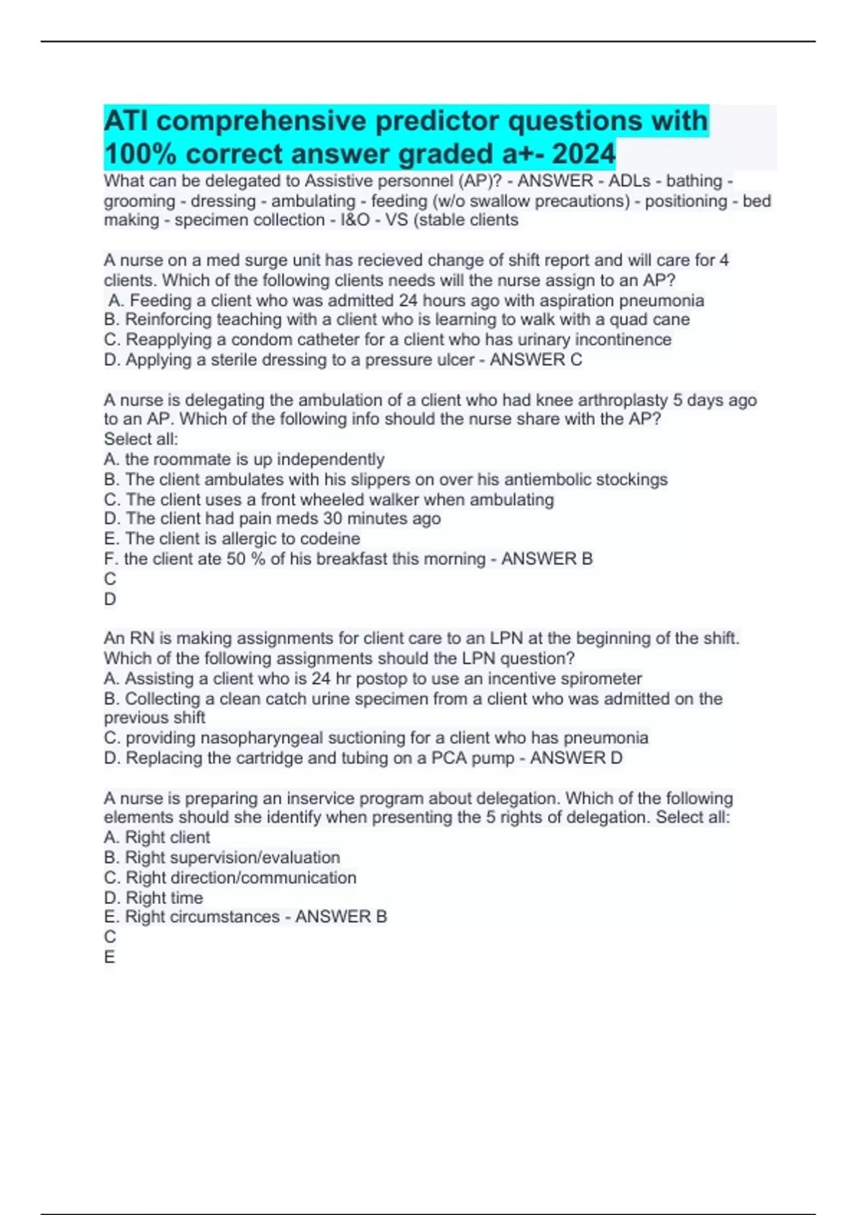 ATI comprehensive predictor questions with 100% correct answer graded ...