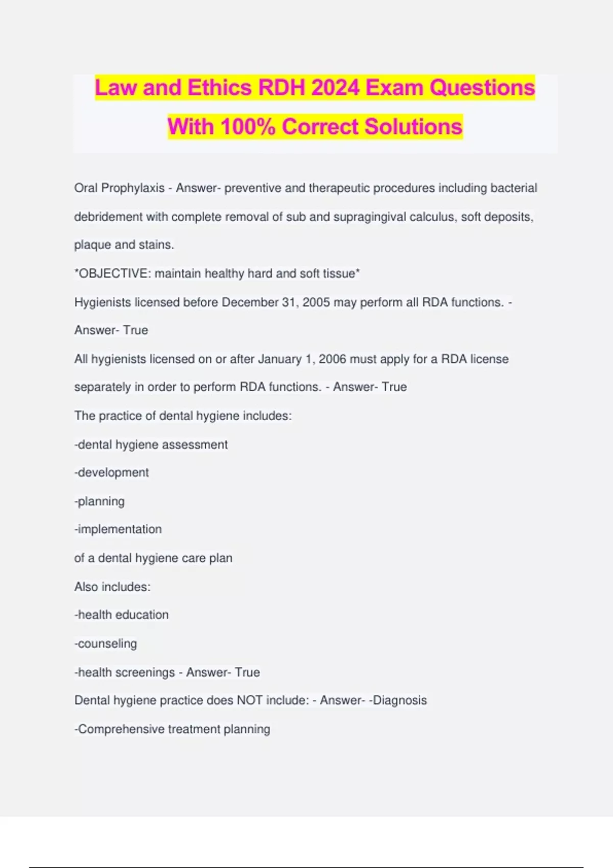 Law and Ethics RDH 2024 Exam Questions With 100% Correct Solutions ...