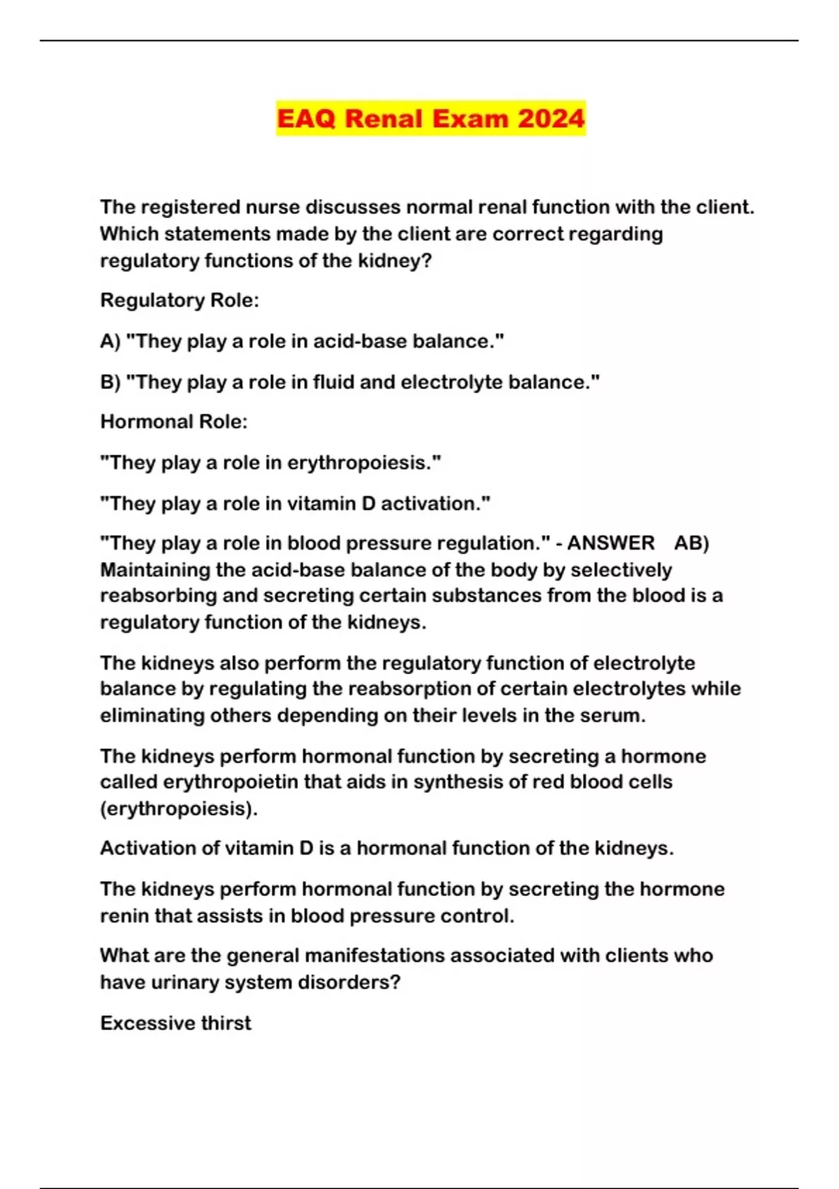 EAQ Renal Exam 2024 - EAQ Renal - Stuvia US