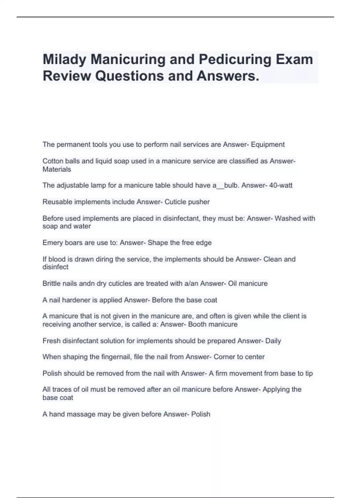 Milady Manicuring and Pedicuring Exam Review Questions and Answers ...
