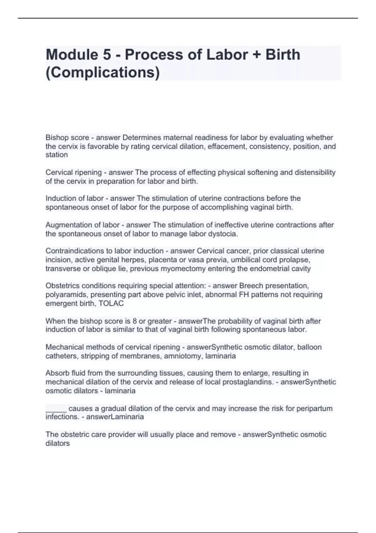 Module 5 - Process of Labor + Birth (Complications Questions with correct Answers 2024 - AWHONN ...