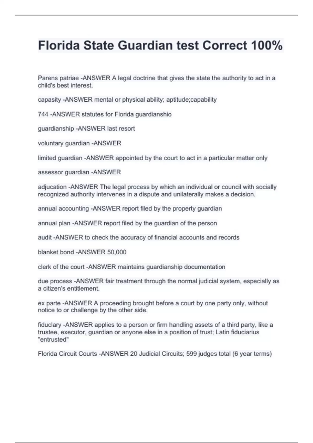 Florida State Guardian test Correct 100% - Florida Guardianship - Stuvia US