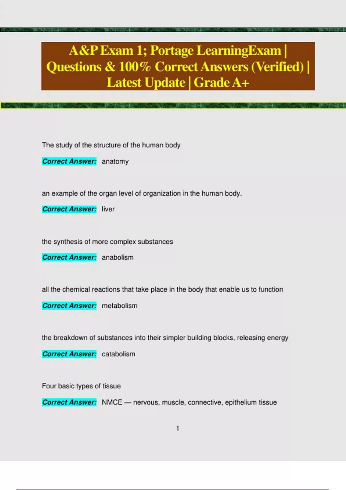 A&P Exam 1; Portage LearningExam | Questions & 100% Correct Answers ...