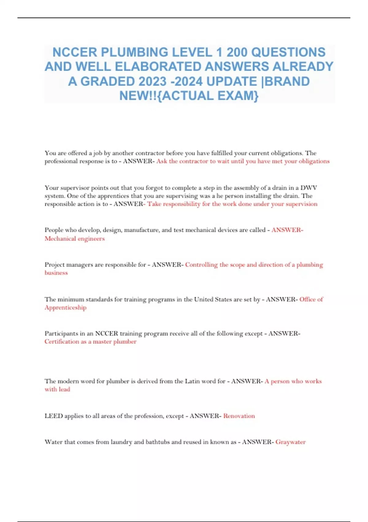 NCCER PLUMBING LEVEL 1 200 QUESTIONS AND WELL ELABORATED ANSWERS ...
